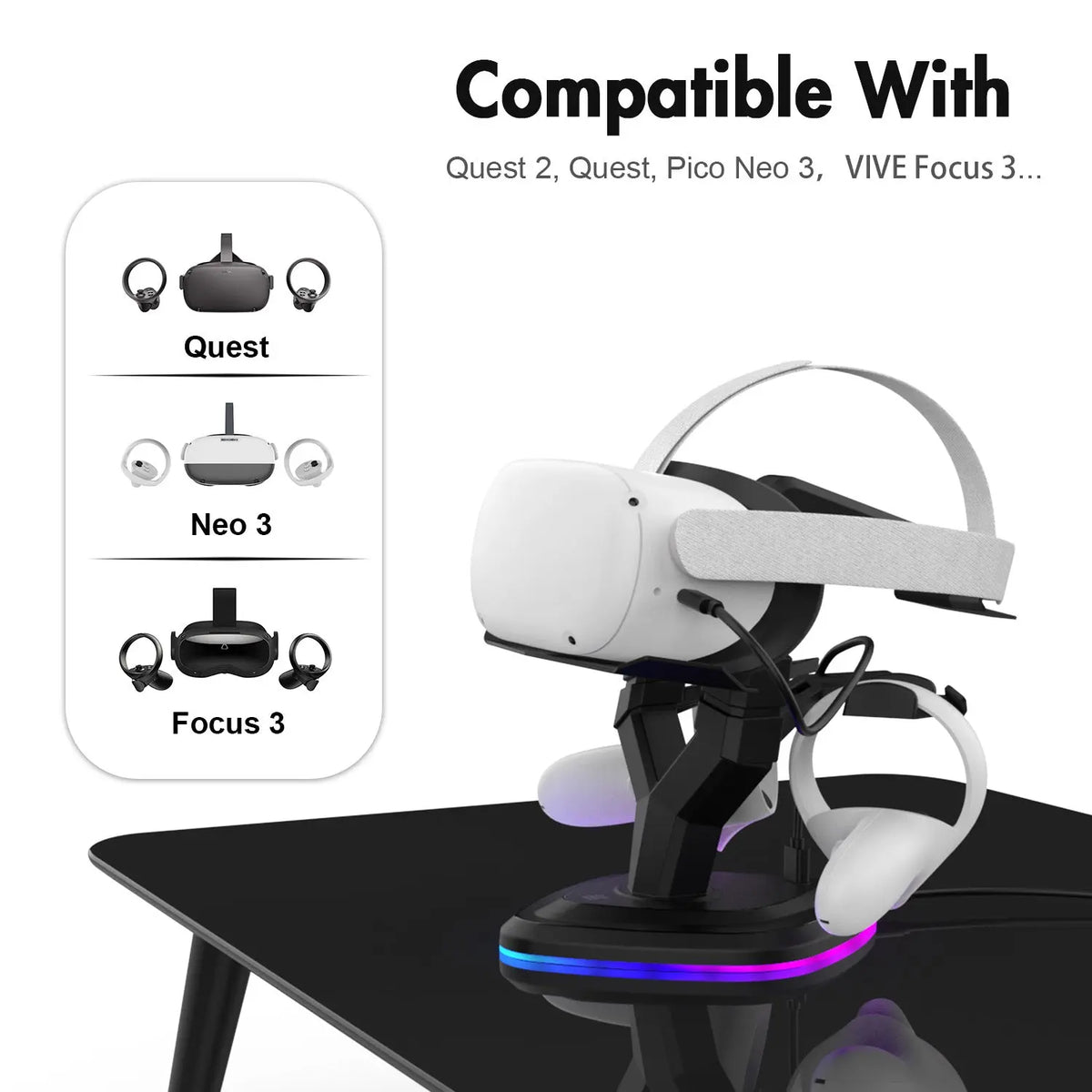 AMVR Atmosphere Light Charging VR Stand for Quest3, Quest Pro, Quest 2, Pico 4 - Charging & Cable